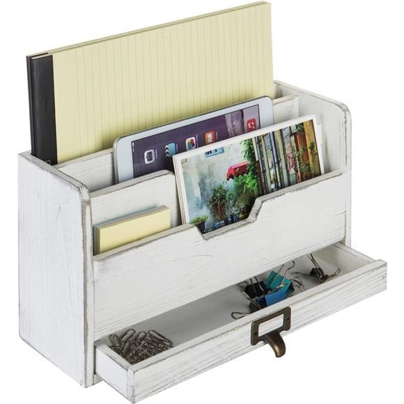 Storage & Organization | Vintage White Wood Office Desk Organizer ...